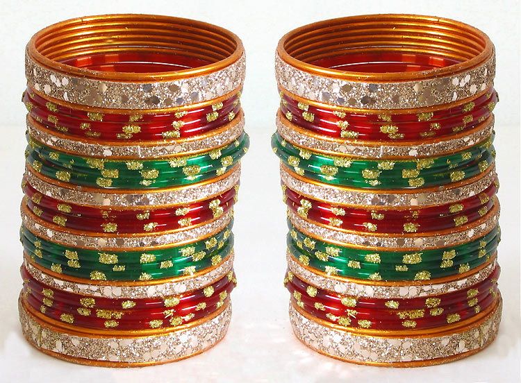 Golden Glittered Red and Green Bridal Churis (Set of 2)