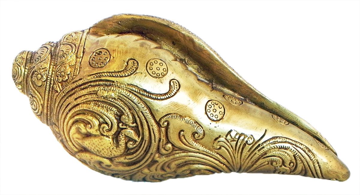 Lord Vishnu Resting on Sheshanaga with Lakshmi Sculpted On Brass Conch