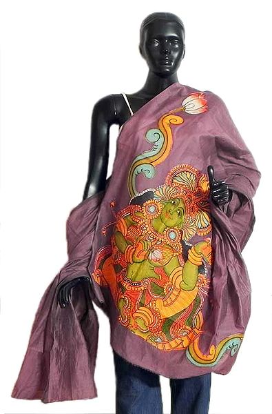 Dark Fuchsia Cotton Chunni with Temple Mural Painting