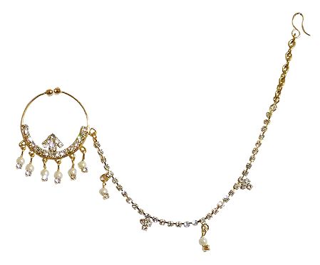 Stone Studded Non Piercing Nose Ring with Chain