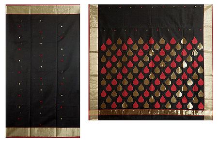 Golden and Red Boota on Black Chanderi Saree