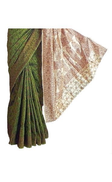 Green Cotton Silk Saree with Off-White Anchal