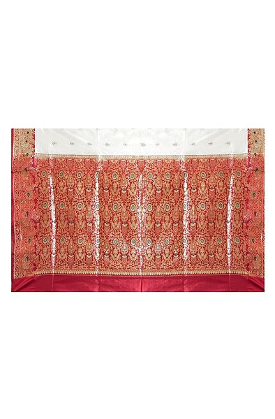 Banarasi White Katan Silk Saree with Red and Zari Border, Pallu