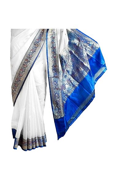White Katan Silk Saree with Blue and Golden Zari Border and Pallu