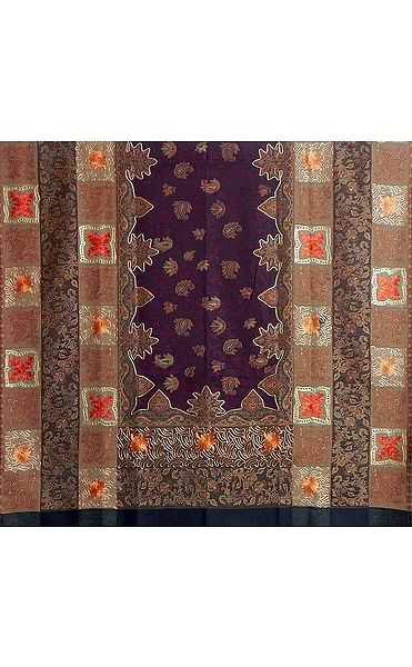 Brown and Black Designer Kani Shawl with Ari Stitch Embroidery