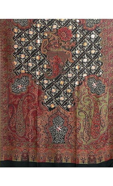 Black, Red and Beige Designer Kani Shawl with Ari Stitch Embroidery
