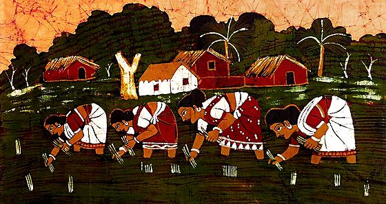 Village Women Sowing Paddy - Batik Painting