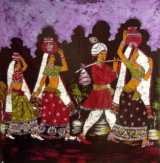 Paniharis of Rajasthan - Batik Painting on Cloth - 35 x 36 inches
