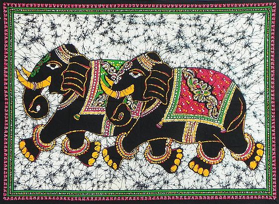 Pair of Royal Elephants - Printed Batik - 27.5 x 33 inches