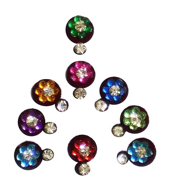 9 Multicolor Round Bindis with White Stone