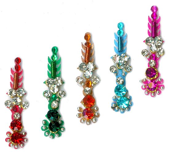 Multicolor Stone Studded Five Long Bindis - 0.75 inches Each