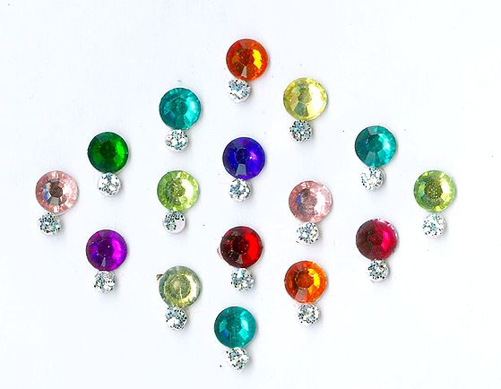Sixteen Multicolor Round Stone Bindis - Dia - 0.25 inches Each