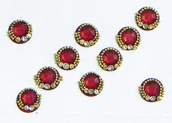 Round Bindis with Red Stone and Golden Border