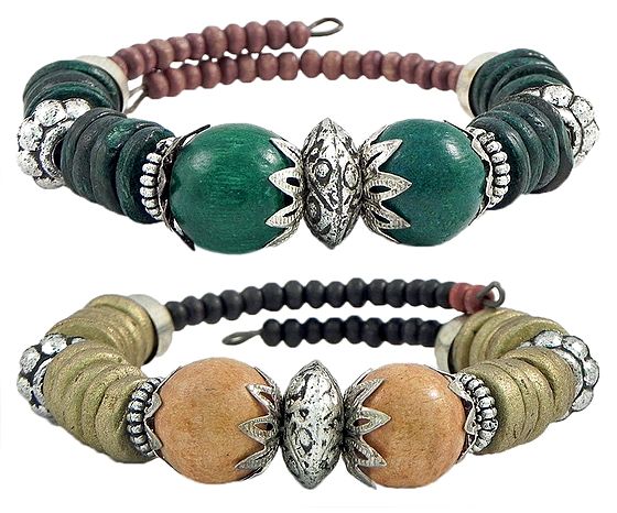 Pair of Spring Bracelet with Cyan,Beige and Metal Beads - Free Size