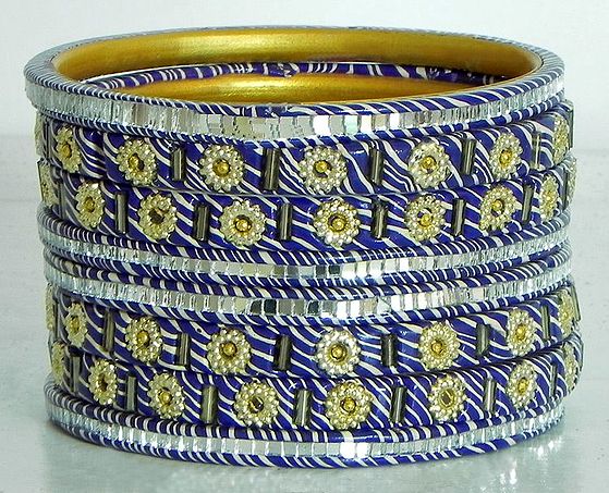 White Painted Blue Lac Churi with Mirrors