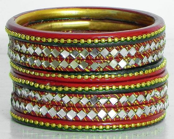 Red with Green Lac Churi with Mirrors