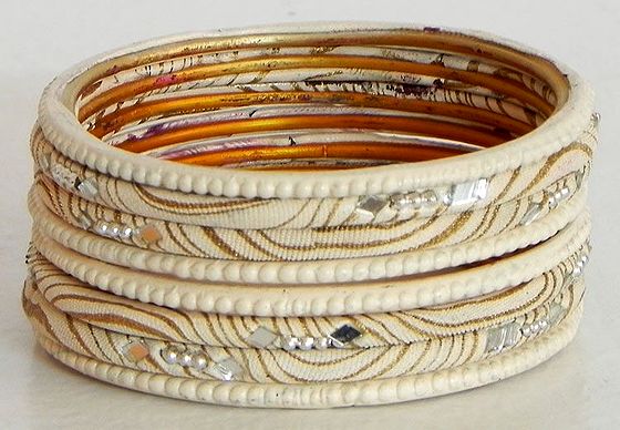 Off-White and Brown Painted Lac Churi with Mirrors