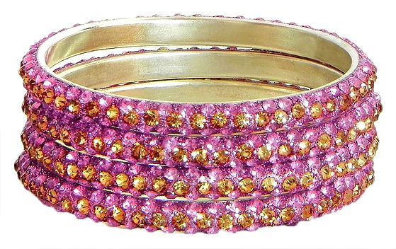 4 Pink with Golden Stone Studded Bangles - 2.4 inches Dia