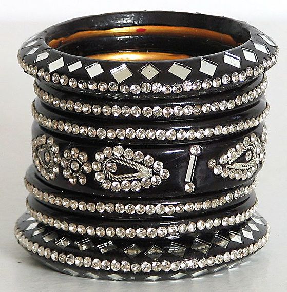 Stone and Mirror Studded Black Bangles
