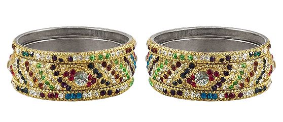 2 Sets of Multicolor Stone Studded Golden Bangles