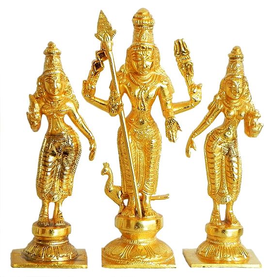 Murugan with His Two Wives, Valli and Devasena - Golden Colored Bronze ...