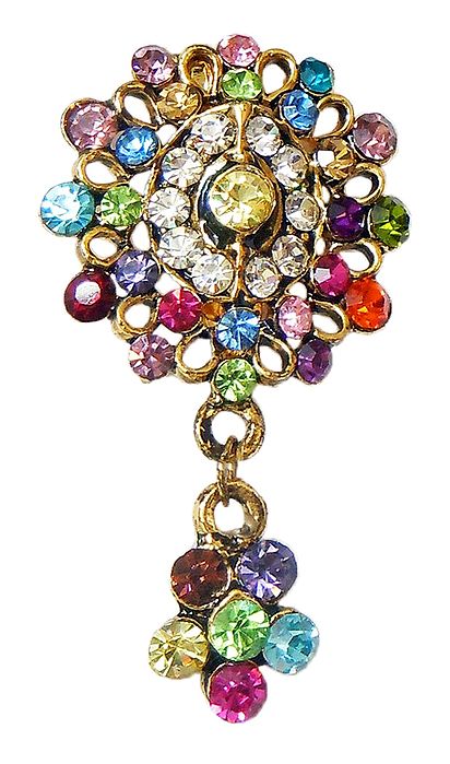 Multicolor Stone Studded Metal Flower Brooch - Length - 2 in.