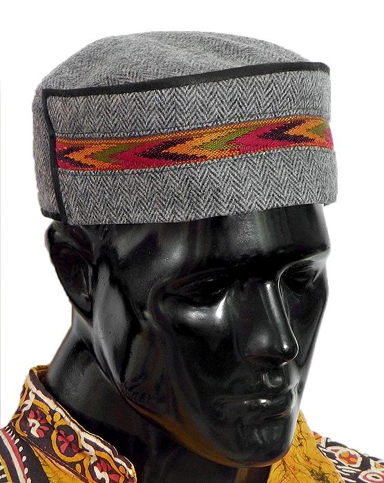 Mens Himachali Grey Woolen Cap with Kullu Weaved Design in Front