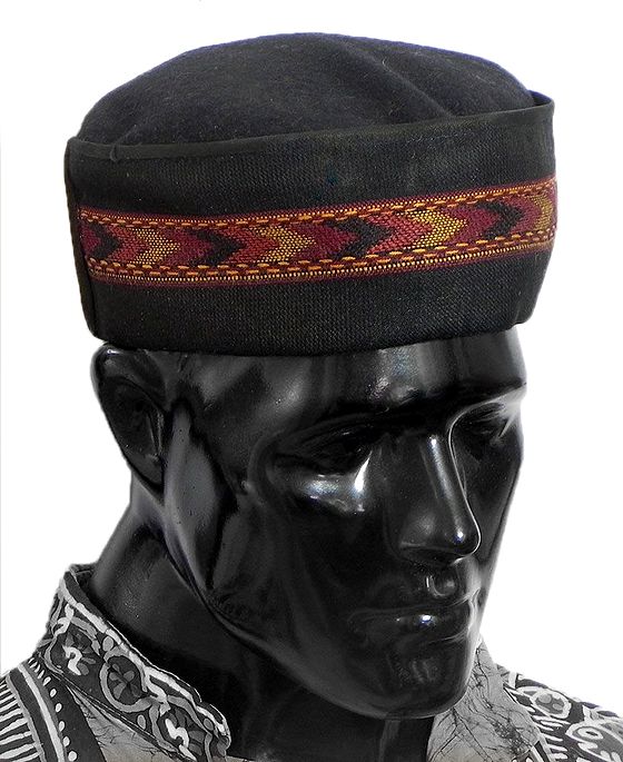 Mens Himachali Black Woolen Cap with Kullu Weaved Design in Front