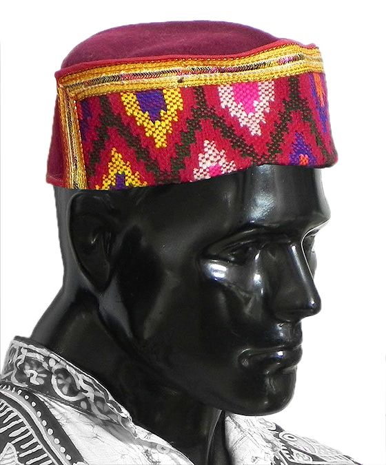 Gents Himachali Dark Maroon Woolen Cap with Colorful Kullu Weaved ...