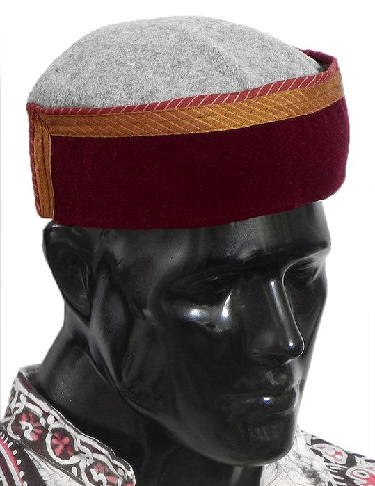 Mens Himachali Grey Woolen Cap with Maroon velvet Cloth in Front
