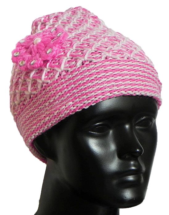 Pink and White Woolen Beanie Cap