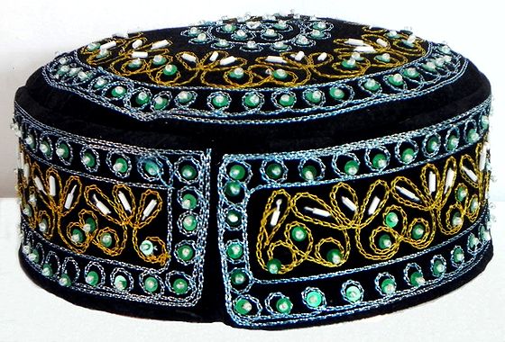 Black Muslim Prayer Cap with Bead and Sequin Embroidery