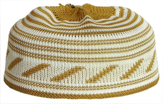 White with Yellow Knitted Muslim Prayer Cap
