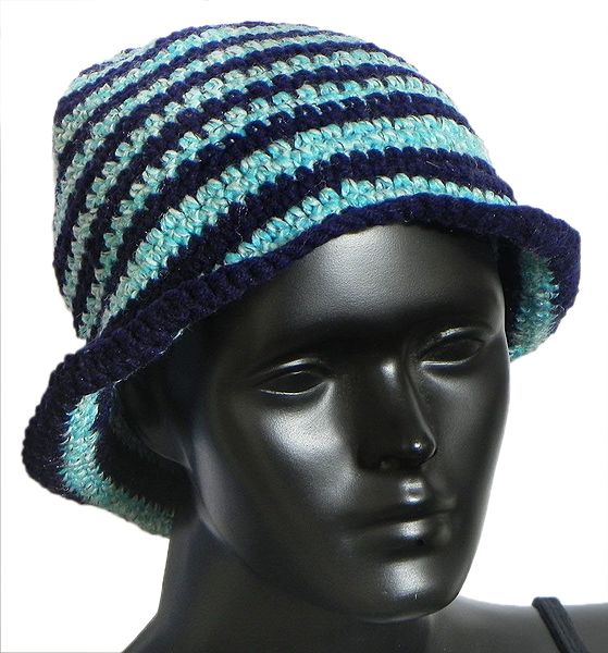 Hand Crocheted Light Cyan Blue with Dark Blue Stripe Ladies Woolen Hat