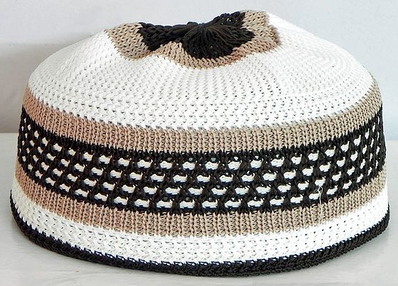 White with Brown Knitted Muslim Prayer Cap