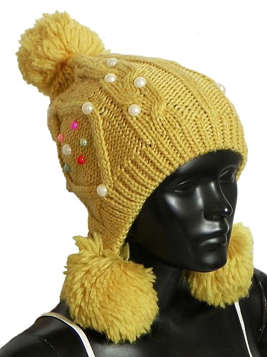 Ladies Hand Knitted Yellow Woolen Bobble Cap - Free Size