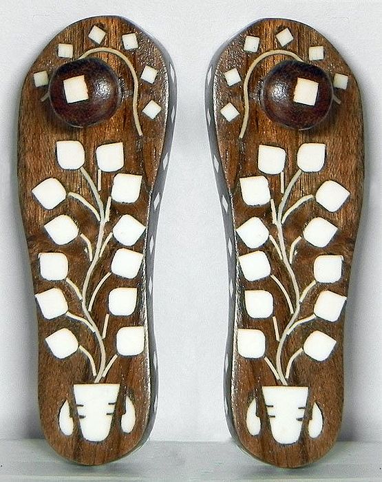 Wood Carved Paduka with Inlay Work for Puja