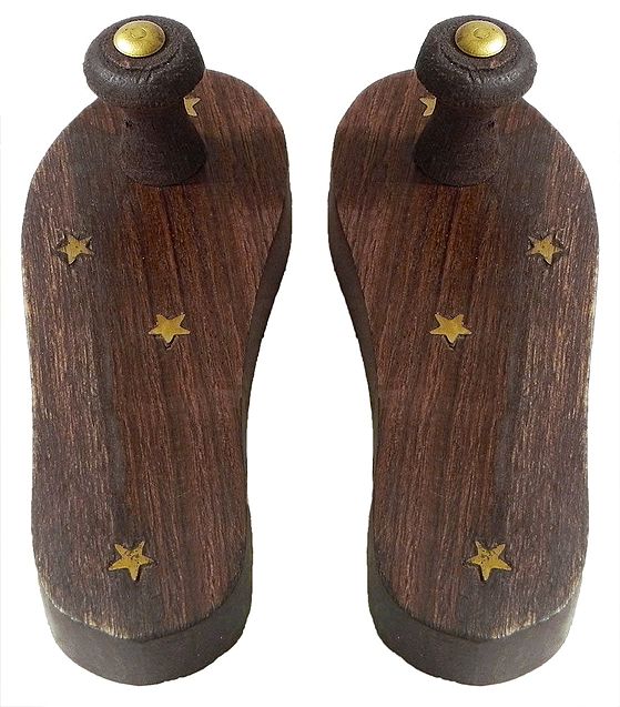 Wooden Paduka with Brass Inlay for Puja