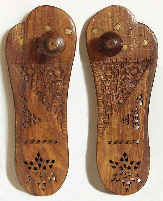 Wood Carved Paduka with Brass Inlay