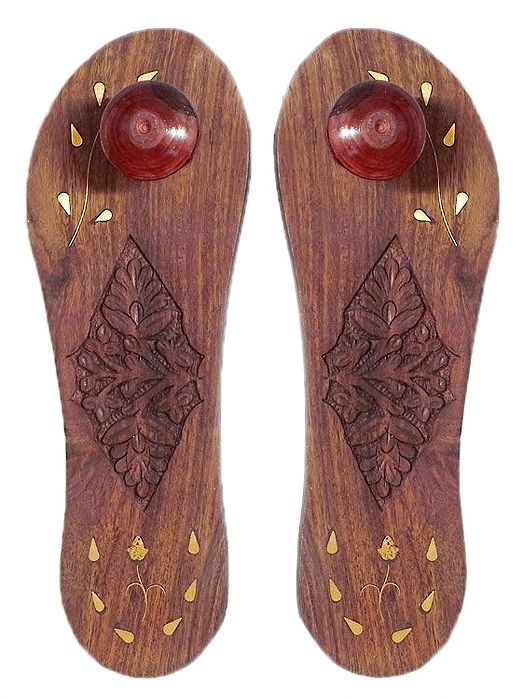 Wood Carved Paduka with Brass Inlay