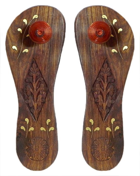 Wood Carved Paduka with Brass Inlay for Priest
