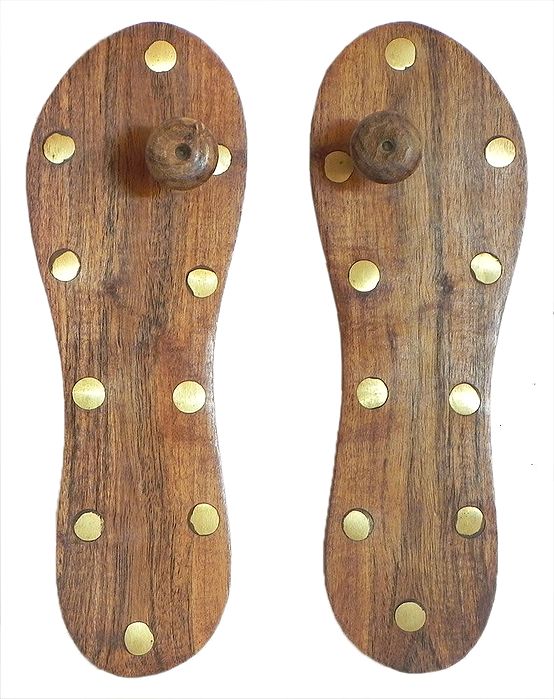 Wood Carved Paduka with Brass Inlay