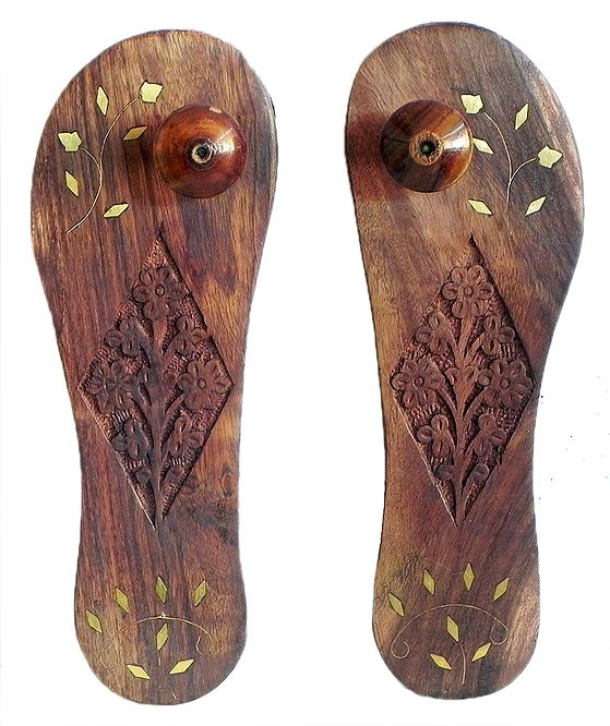 Wood Carved Paduka with Brass Inlay