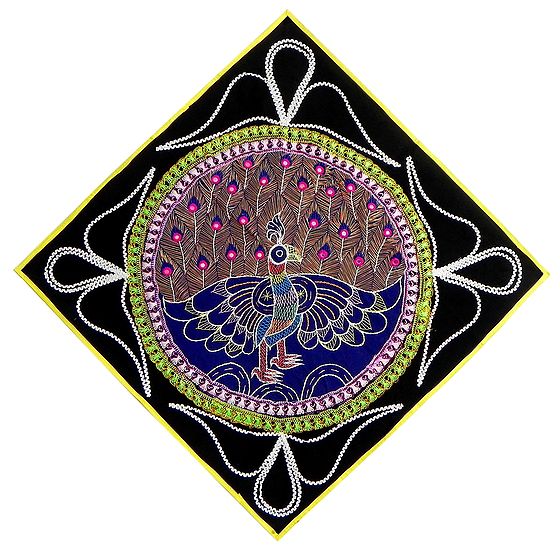 Embroidered Peacock with Applique on Black Cloth - 26 x 26 in.