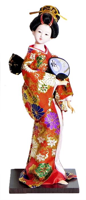 Japanese Geisha Doll in Red with Weaved Golden Design Kimono Dress ...