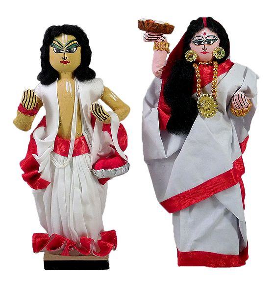 Bengali Pujari Couple - Wood with Cloth Doll