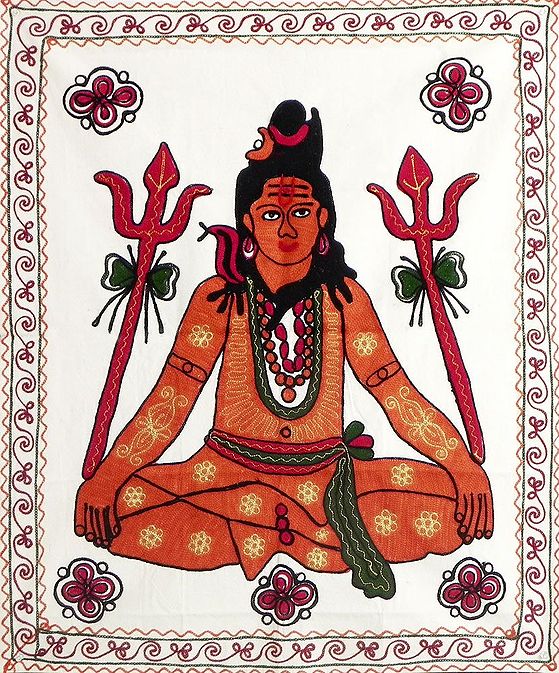 Embroidered Shiva on Cotton Cloth - 34 x 30 inches