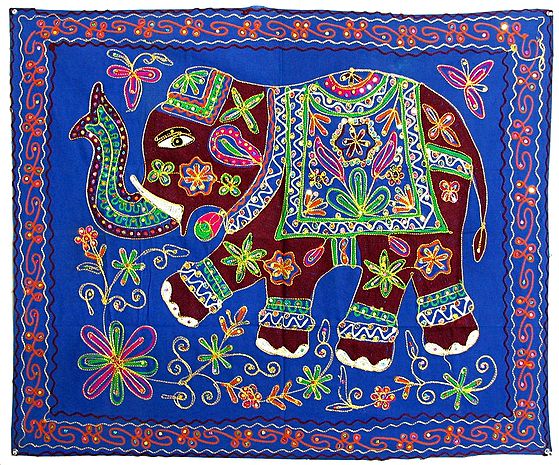 Maroon, Saffron, Green and Magenta Embroidery on Blue Background with ...
