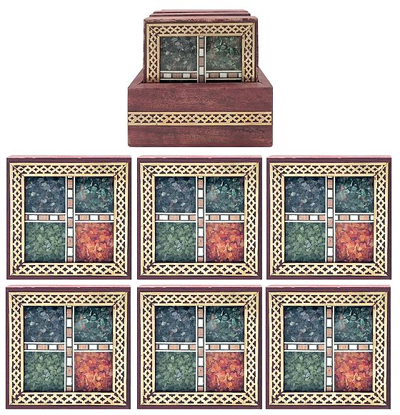 Set of 6 Gemstone Chips Coasters with Holder
