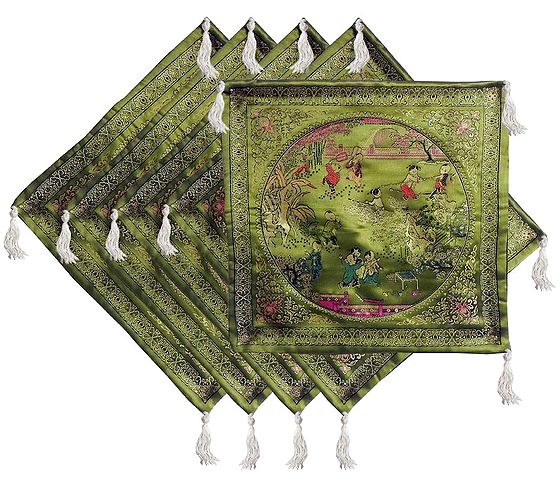 Five Pieces Olive Green Satin Silk Cushion Covers Depicting Chinese